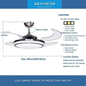 efperfect 48" Ceiling Fan Light Polished Chrome Clear Retractable Blades 3 Color Changes 3 Speeds LED Ceiling Fan with Remote Control for Living Room Bedroom Restaurant Kitchen