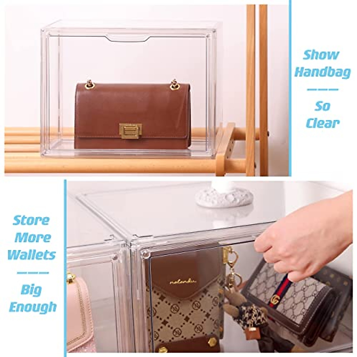 ZLLZUU Purse and Handbag Storage Organizer for Closet, Clear Acrylic Display Case for Collectibles, 3 Pack Plastic Storage Boxes with Magnetic Door for Wallet, Cosmetic, Toys (Large Door)