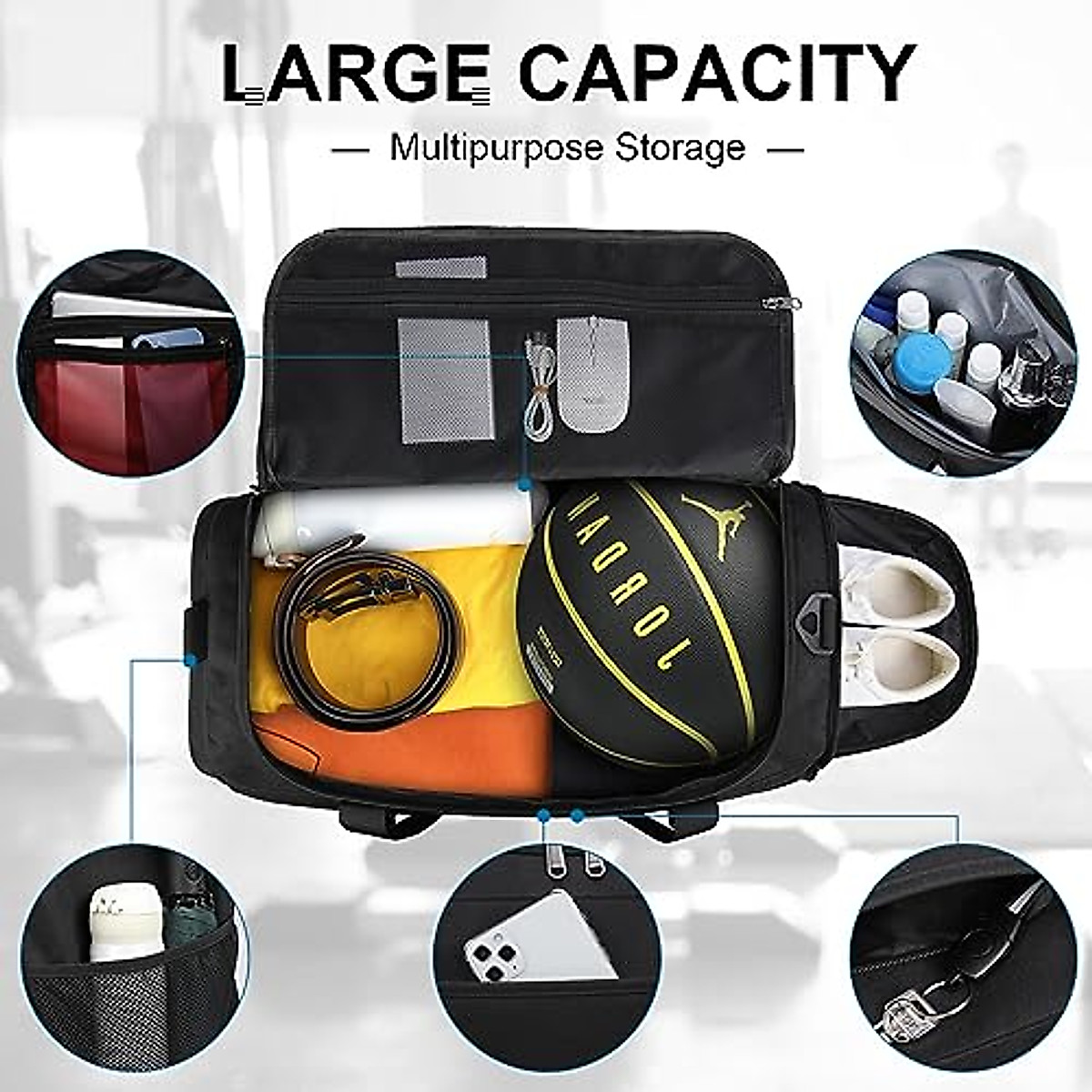 Gym Bag for Men Women 40L Water Resistant Sports Bag Gym Duffle Bag with Wet Pocket Large Travel Duffel Bag Weekender Overnight Bag with Shoe Compartment Black
