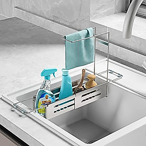 NiHome Adjustable Telescopic Sink Storage Rack - 2-in-1 Stainless Steel Organizer for Kitchen and Bathroom, with Non-Slip Expandable Drain Basket, Sponge Caddy, Dish Cloth and Rag Hanger (Silver)