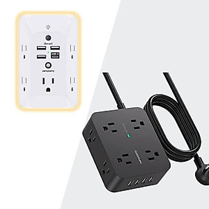 Outlet Extender with Night Light and Black 8 Outlets Power Strip Surge Protector with 4 USB Ports Bundle