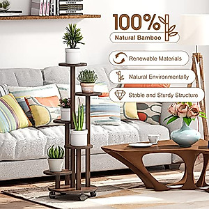 FILWH 5 Tier Plant Stand For Outdoor Indoor Tall Bamboo Movable Flower Stand With Wheels Plant Shelf Pot Holder Plants Corner Display Rack Multiple Planter For Living Room Balcony Garden Patio(Brown)