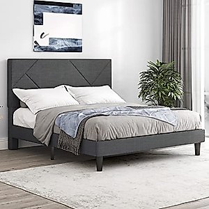 SHA CERLIN Queen Size Bed Frame with Geometric Upholstered Headboard, Platform Bed with 8 Inches Under-Bed Space, Wood Slats Support, Noise Free, No Box Spring Required, Grey