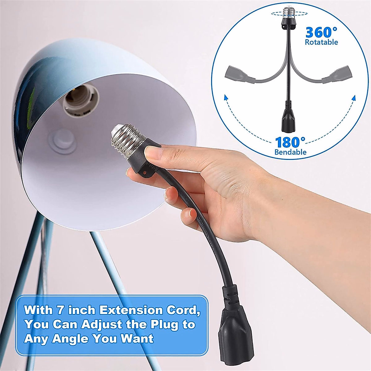 Feekoon 3 Outlet Light Socket Adapter, Convert E26/E27 Bulb Socket to 3 Prong Outlet with Extension Cord, Flexible Light Socket Converter Suitable for Indoor Outdoor Porch Garage Patio Use (Black)