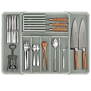 fifame Silverware Drawer Organizer, Expandable Kitchen Utensil Organizer, Larger Capacity Flatware and Cutlery Tray, Multi-Purpose Drawer Storage for Kitchen, Dressing Table, Office, Bathroom, (Grey)