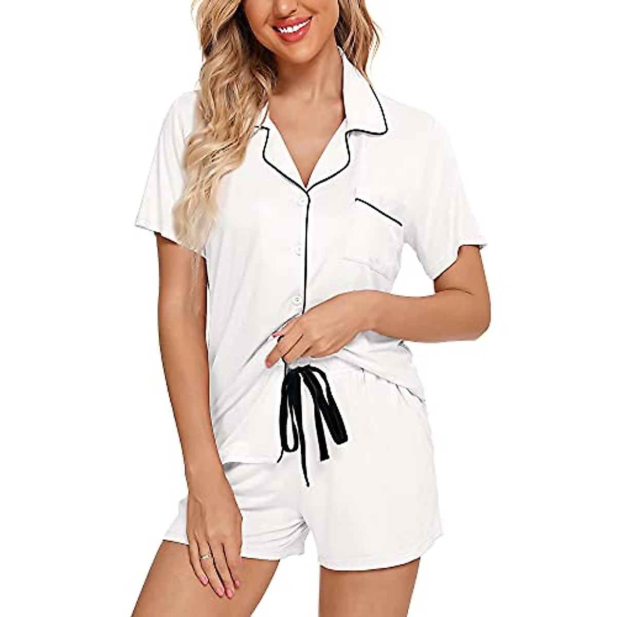 Samring Pajamas for Women Sleepwear Womens Shorts Button Down Cotton Nightwear Set PJS for Women White L