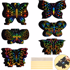 Landhoow Butterfly Scratch Cards for Kids Scratch Crafts Art Card Rainbow Summer Scratch Card Butterfly Party Favors for DIY Crafts Home Decoration Project, 6 Styles (24 Pcs)