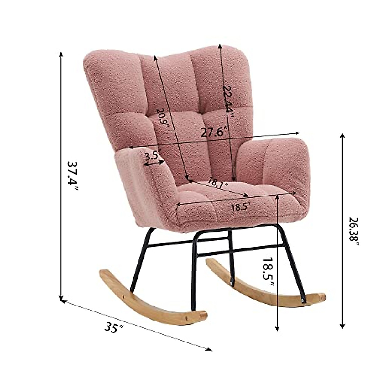 Krinana Teddy Fabric Nursery Rocking Chair, Rocker Armchair with Solid Wood Legs, Glider Chair Nursery with High Backrest for Living Room Apartment (Teddy Fabric,Pink)