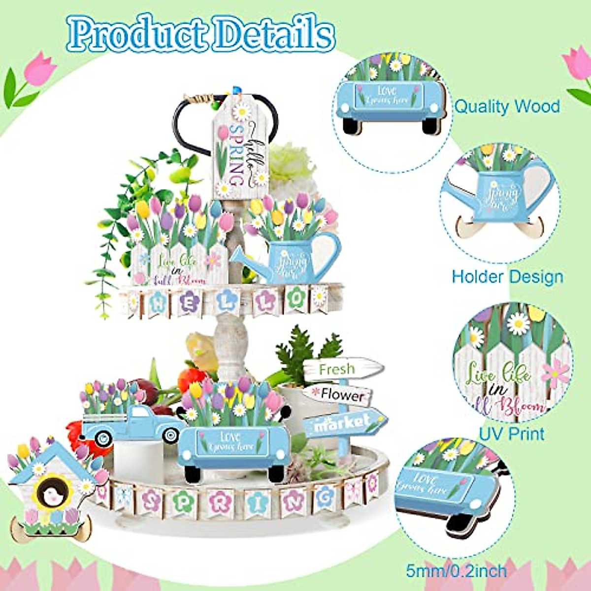 Bucherry Hello Spring Tiered Tray Decor Tulips Table Wooden Sign Decorations Flower Market Tabletop Rustic Farmhouse Decor for Spring Holiday Party Home Kitchen (Tulip Style)
