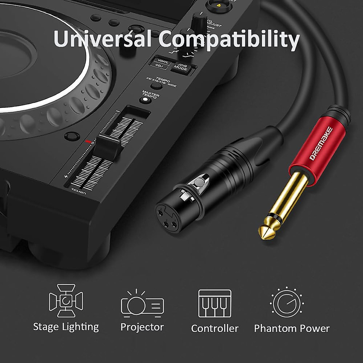 DREMAKE Unbalanced XLR 3-Pin Female to Jack 6.5mm 1/4 TS Male Mic Patch Cord, 25FT XLR to Jack 6.35mm Mono Audio Instrument Cable for Karaoke, Speaker System, Dynamic Microphone - Black