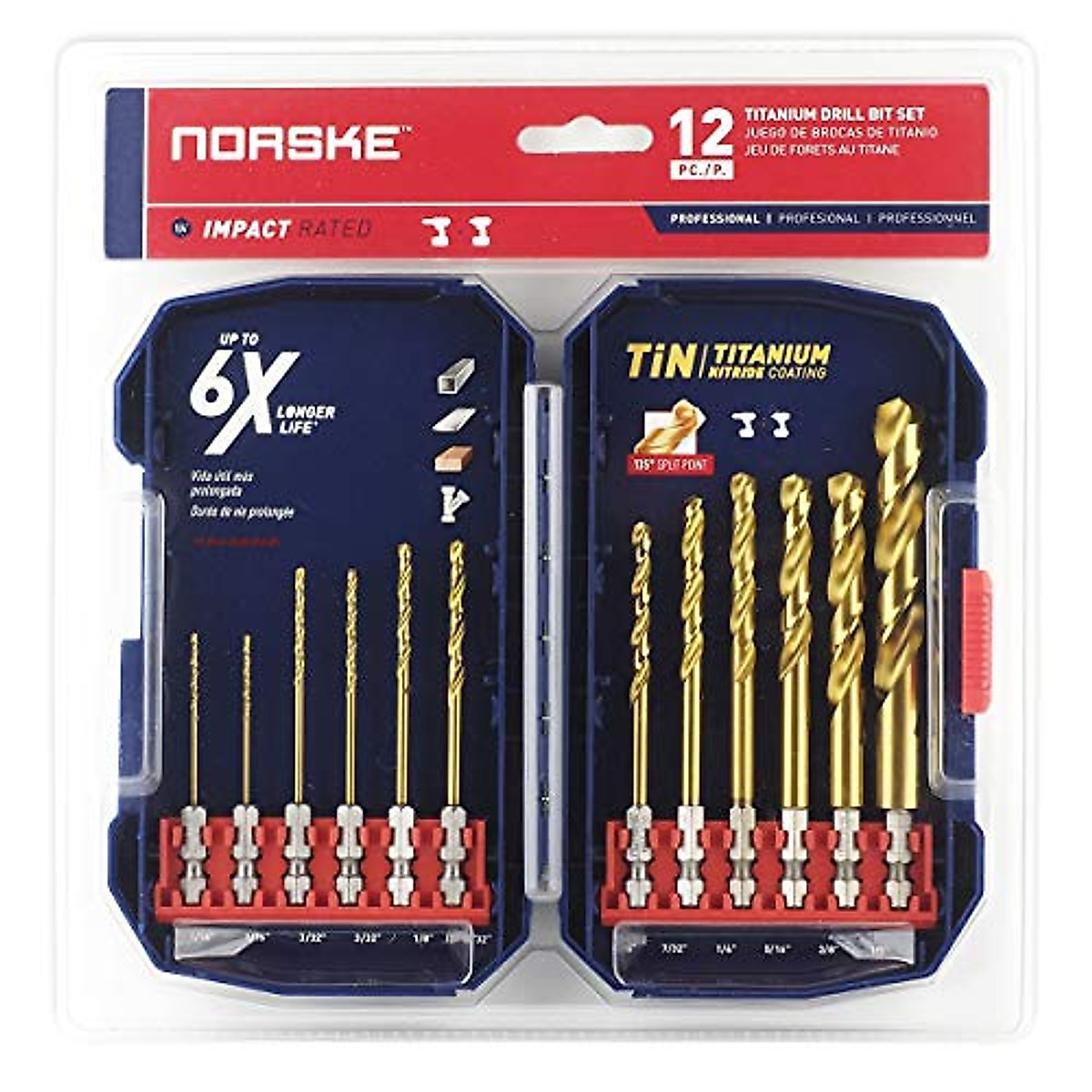 Norske Tools NIDBP280 12pc Impact Titanium Hex Shank Drill Bit for Metal, wood and Plastic (2PC of 1/16"and 3/32", 1 PC of 1/8", 5/32", 3/16", 7/32", 1/4", 5/16", 3/8"and 1/2")
