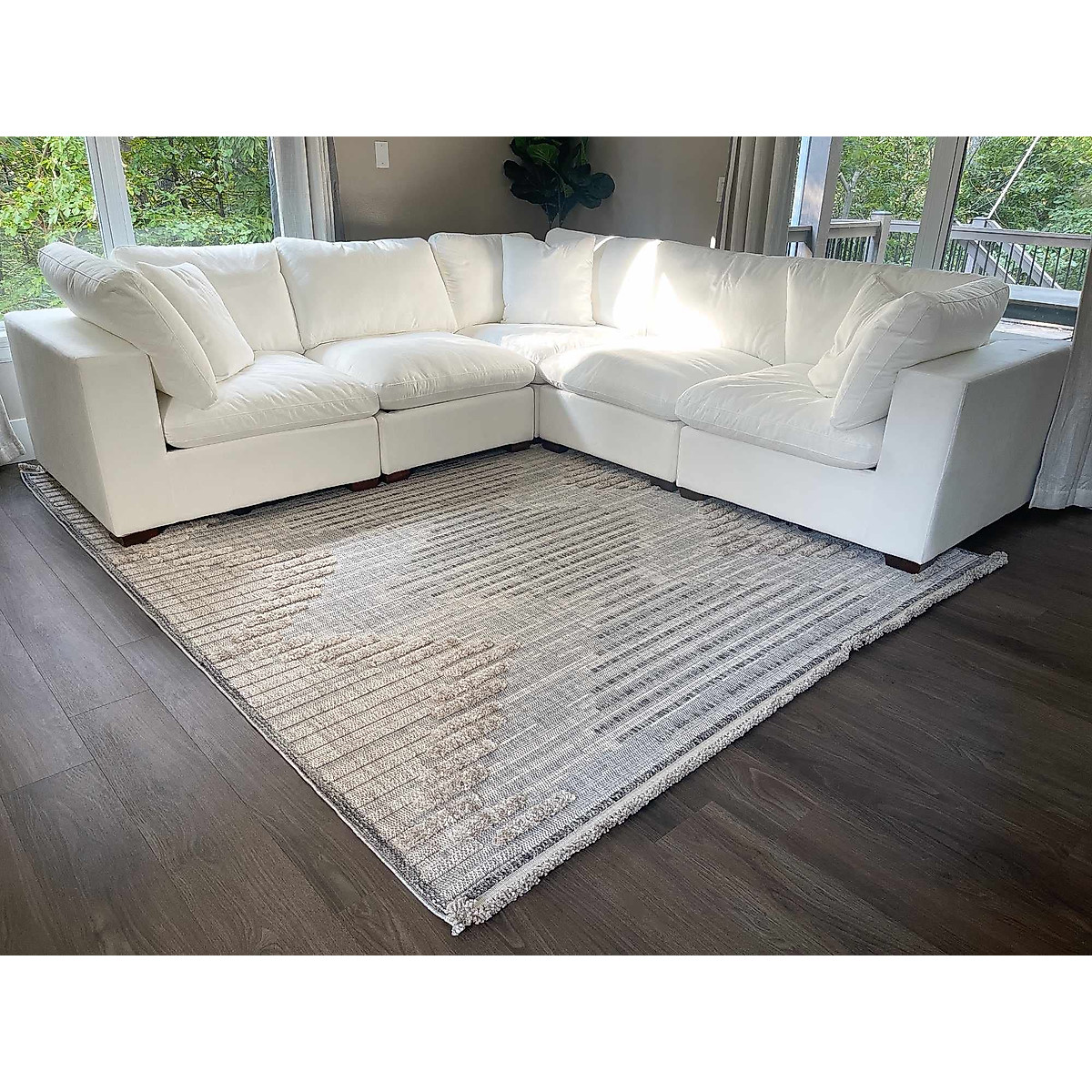 BoutiqueRugs Maulawin Farmhouse High Low Textured Shag Area Rug - Boho Moroccan Geometric Carpet for Living Room, Bedroom, Dining Room - Charcoal, Cream, Peach - 6'7" x 9' (6x9 Area Rug)