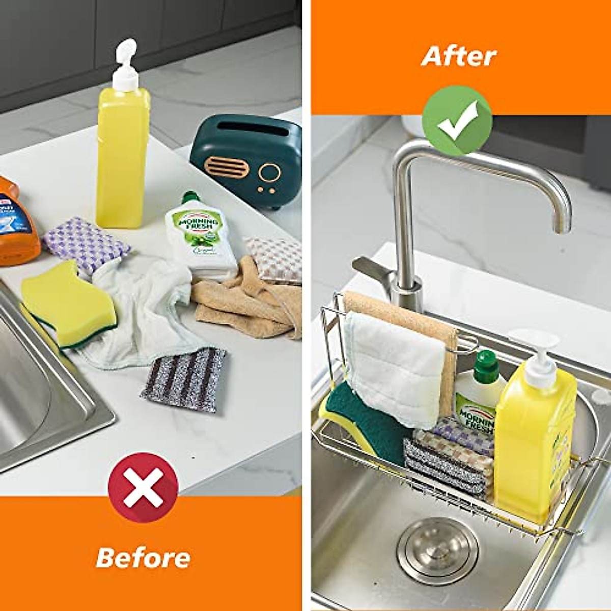 HOOOKIMM Kitchen Sink Sponge Caddy Stainless Steel, Kitchen Sink Organizers for Sponges and Towels, Sponge Caddy for Kitchen Sink, Sink Storage Rack Holder, Rustproof, and Non-Slip.