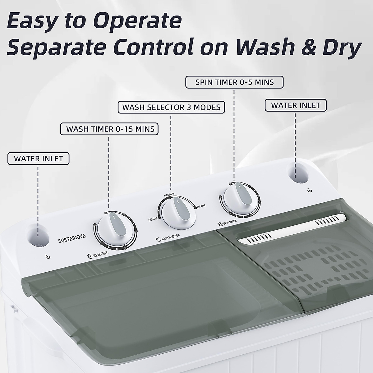 Sustainova Portable Washing Machine Twin Tub 9.9 Lbs Capacity, (7.7 Lbs) and Spinner(2.2 Lbs) Combo Mini Compact Laundry Washer for Home, Apartment, Camping, RVs and Dorms, Black/White