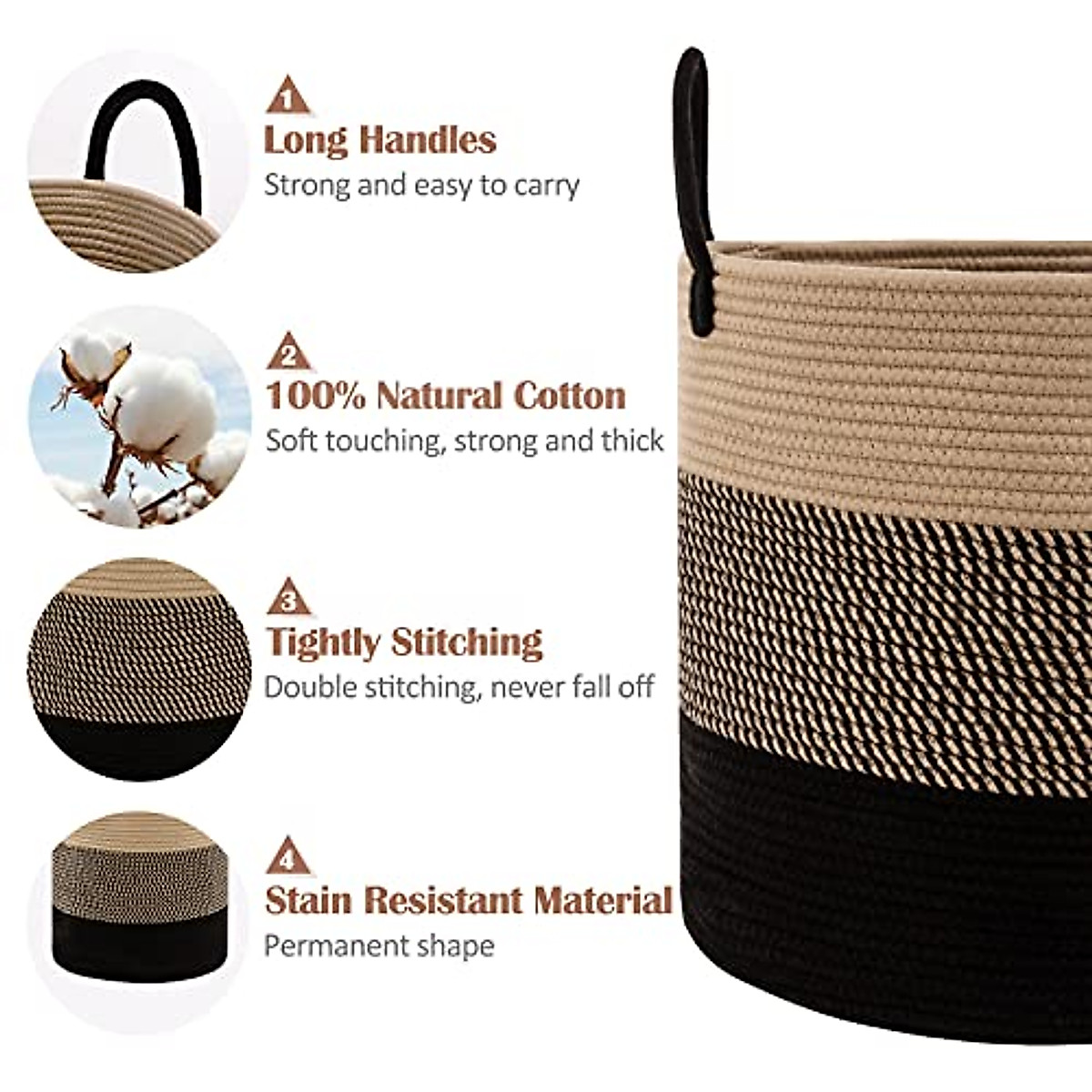 Woven Rope Laundry Basket by TECHMILLY, 42L Baby Nursery Hamper for Clothes Blanket Storage, Large Tall Laundry Hamper for College Dorm, Bedroom, Living Room, Brown & Black