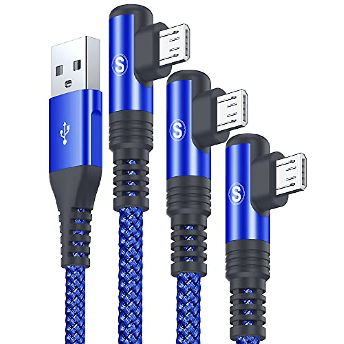 sweguard Micro USB Cable Right Angle [3-Pack,3.3ft+6.6ft+10ft] Android Charger Cable, Nylon Braided Micro Charger Cord for Samsung Galaxy S7 Edge S6 S2 J7 J5 J3 J3V J2,LG K10 V10,Moto E6 5 4,PS4-Blue
