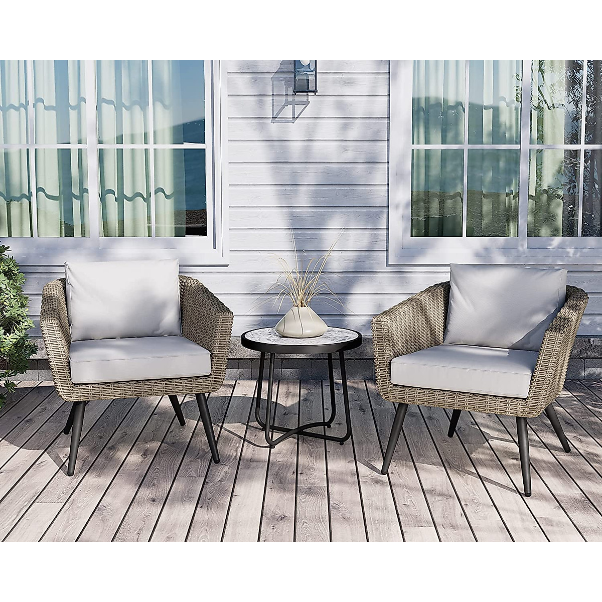 Grand patio 3-Piece Patio Bistro Set with Heavy-Duty Anti-Rust Aluminum Frame Wicker Outdoor Conversation Chairs Sets with Coffee Table for Balcony Yard Gray Cushions