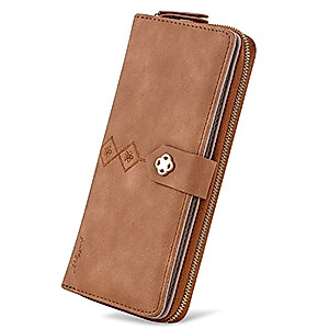 CornerLife Women Vegan Suede Leather Wallet Large Checkbook Clutch Wallet Zipper Around Credit Card Holder Wallets for Women with Snap Closure (Reddish Brown)