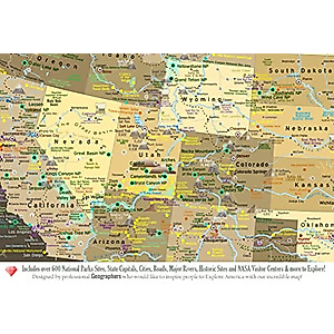 National Parks Map Poster with USA Travel Destinations (24W x 16H inches)