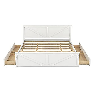 RORIGAT King Size Platform Bed with 4 Storage Drawers, Wooden Bedframe w/Headboard and Support Legs, for Livingroom, Bedroom, Guestroom, No Box Spring Needed, White