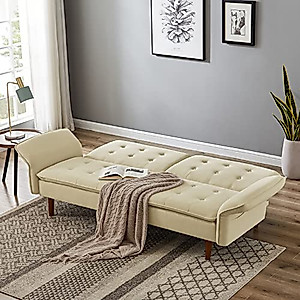 Ucloveria Futon Sofa Bed, Linen Fabric Memory Foam Sleeper Sofa Couch, Modern Convertible Loveseat for Compact Living Spaces, Studio, Apartment, Dorm, Guest Room, Home Office, 67" Beige