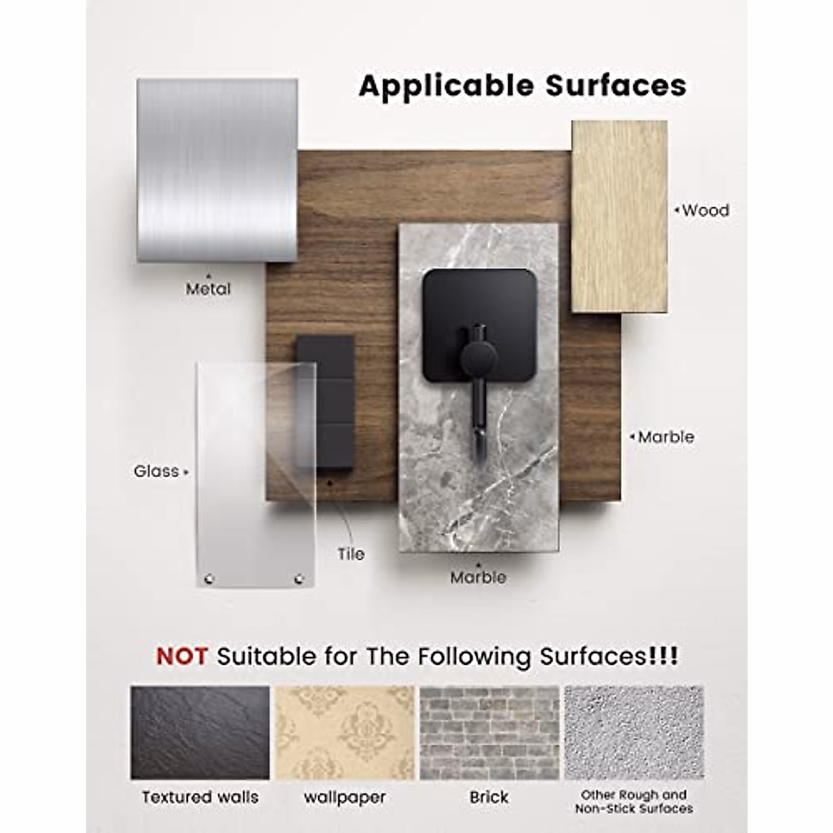 WNXSLOAD Adhesive Hooks Heavy Duty, Adhesive Wall Hooks for Hanging, Towel Hooks for Coat/Robe/Towels Stick on Bathroom/Kitchen, No Drill Coat Hooks, 4 Pack, Black