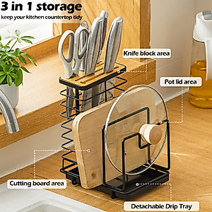 Poeland Cutting Boards Knife Organizer, 3 in 1 Kitchen Organizer Rack, Kitchen Utensils Rack Chopping Boards/Knives/Pot Pan Lid Storage with Drip Tray, Black