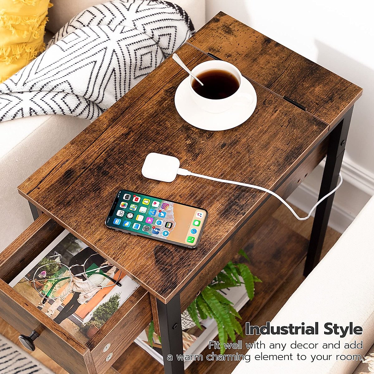 HOOBRO End Table with Charging Station, Set of 2 Narrow Side Table, Small Nightstand, Bedside Table with Drawer and Storage Shelves, for Small Spaces, Rustic Brown and Black BF041BZP201