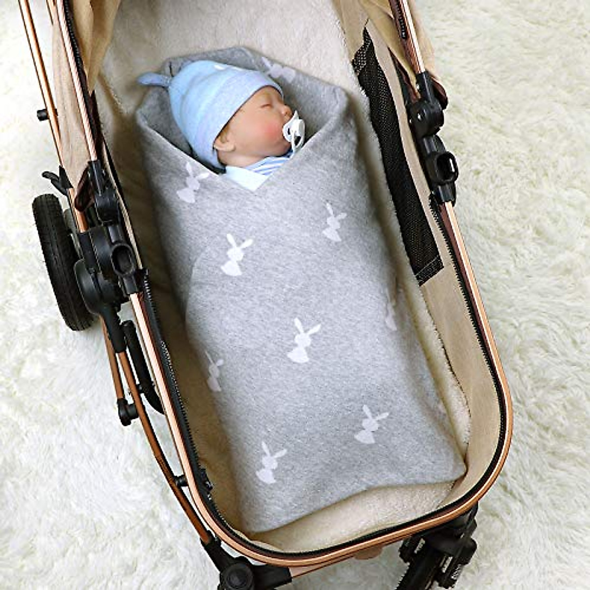 LAWKUL Baby Wrap Blanket Soft 100% Cotton Baby Blanket Knit Crib Receiving Blanket with Bunny Pattern Swaddle Cute Blanket for Babies Boy and Girl in Easter Size 40 * 30 Inches