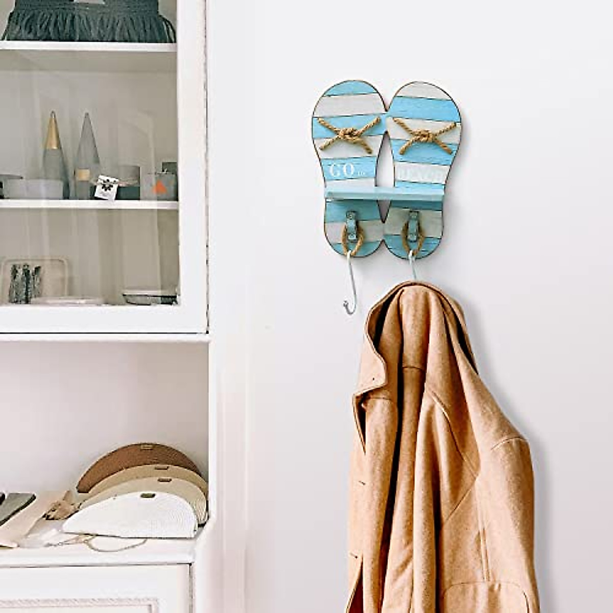 NIKKY HOME Beach Themed Flip Flop Sandal Decorative Wall Mounted Coat Hooks Towel Rack,14.96 x 3.62 x 9.96 Inches, Blue