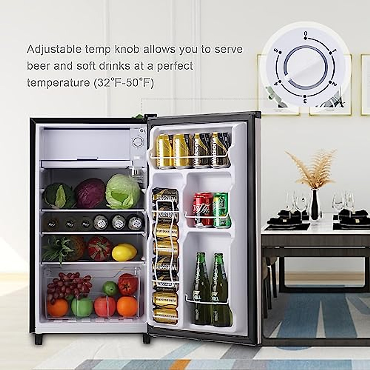 WANAI Mini Refrigerator 3.2 Cu.Ft, Single Door, Adjustable Thermostat, Adjustable Removable Shelves Refrigerator Suitable For Dorm,Office,Living room