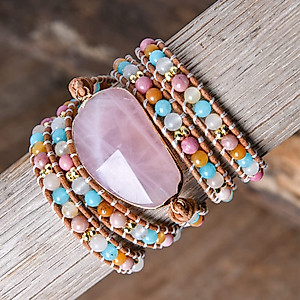 YGLINE Natural Stone Bracelet 5 Wraps Bracelet Handmade Blue Color Boho Bracelet for Women Bracelet (Rose Quartz 2)