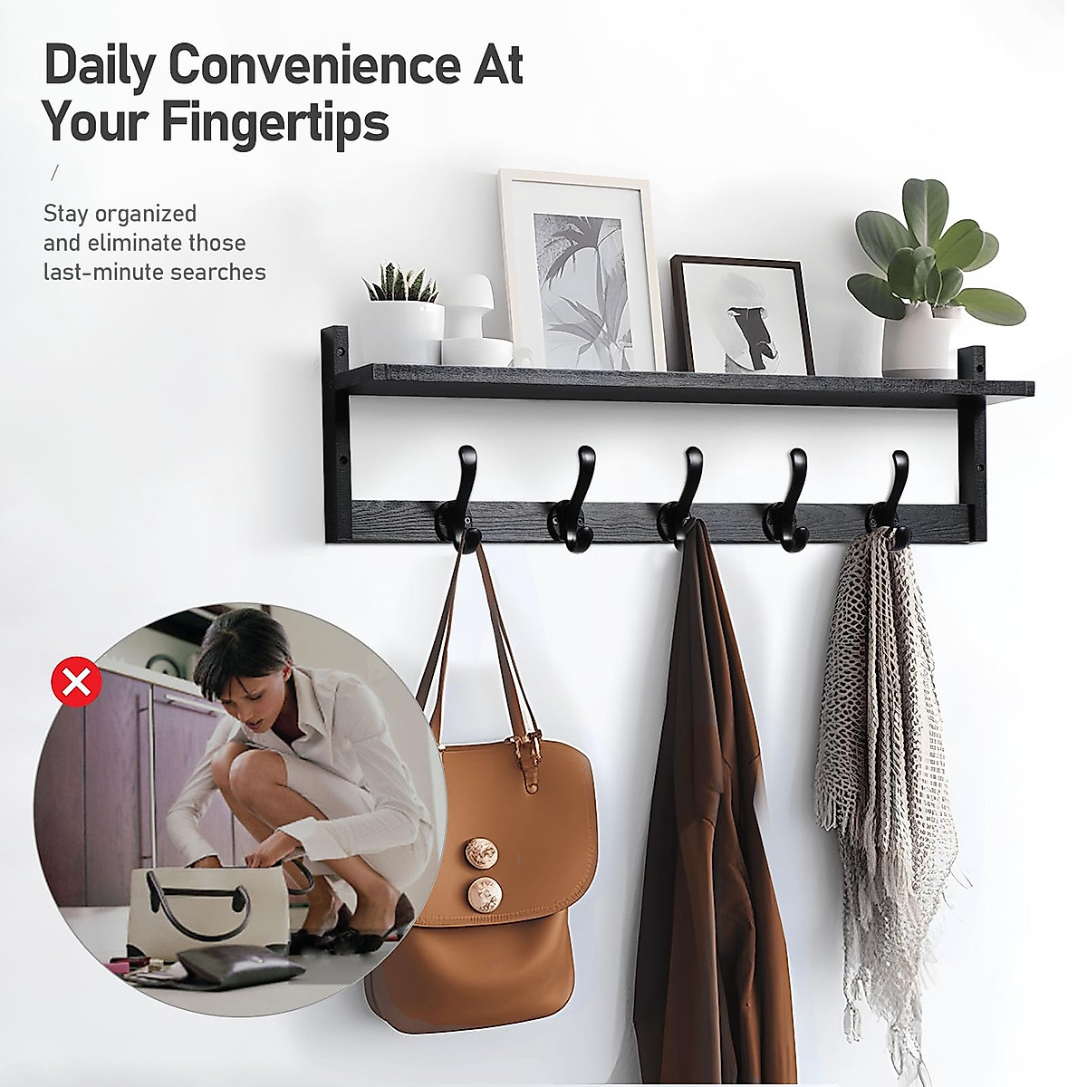 Tatub 29'' Coat Rack Wall Mount with Shelf, Wood Wall Hooks with Storage, Entryway Shelf with 5 Coat Hangers for Bathroom, Living Room, Bedroom, Black