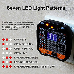 Ruoshui Outlet Tester 48-250V, GFCI Tester CAT II 300V, Receptacle Tester with Voltage Display, Standard US Electrical Socket Tester with 7 Visual Indications for Home & Professional Use…