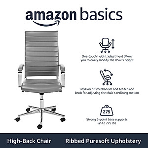 Amazon Basics High-Back Executive Swivel Office Desk Chair with Ribbed Puresoft Upholstery, Lumbar Support, Modern Style, 23.9"D x 24.69"W x 41.5"H, Generous Grey