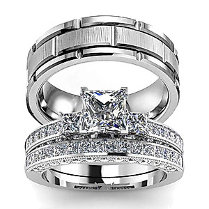 TWO RINGS Wedding Ring Sets His And Hers Promise Ring Couples Bridal Sets Women 925 Sterling Silver square Cz Man Stainless Steel Brushed Finished Wedding Bands