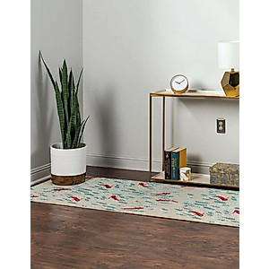 Unique Loom Positano Collection Coastal Modern Bright Colors Fish Beige Runner Rug (3' x 10')