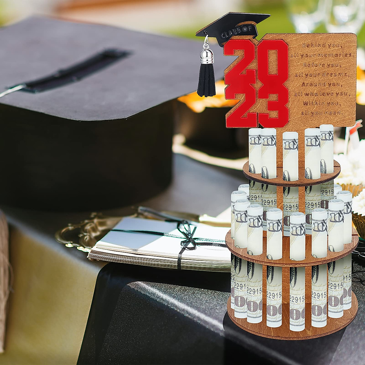 2023 New Graduation Gift Money Holder, DIY Double-Layer Cash Holders with 25 Holes，Creative Converting Congrats Grad Card Holder Money Cake for Graduation Party(Red)