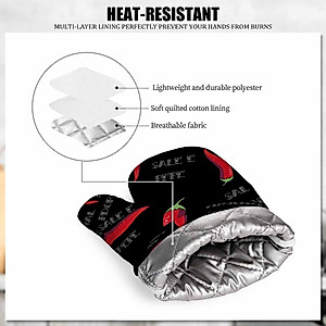 Mxocom Spicy Red Chili Peppers Heat-Resistant Oven Mitts and Pot Holder Hottest Bird's Eye Chili Black Background Kitchen Non-Slip Cooking Microwave Gloves for Cooking Baking Grilling