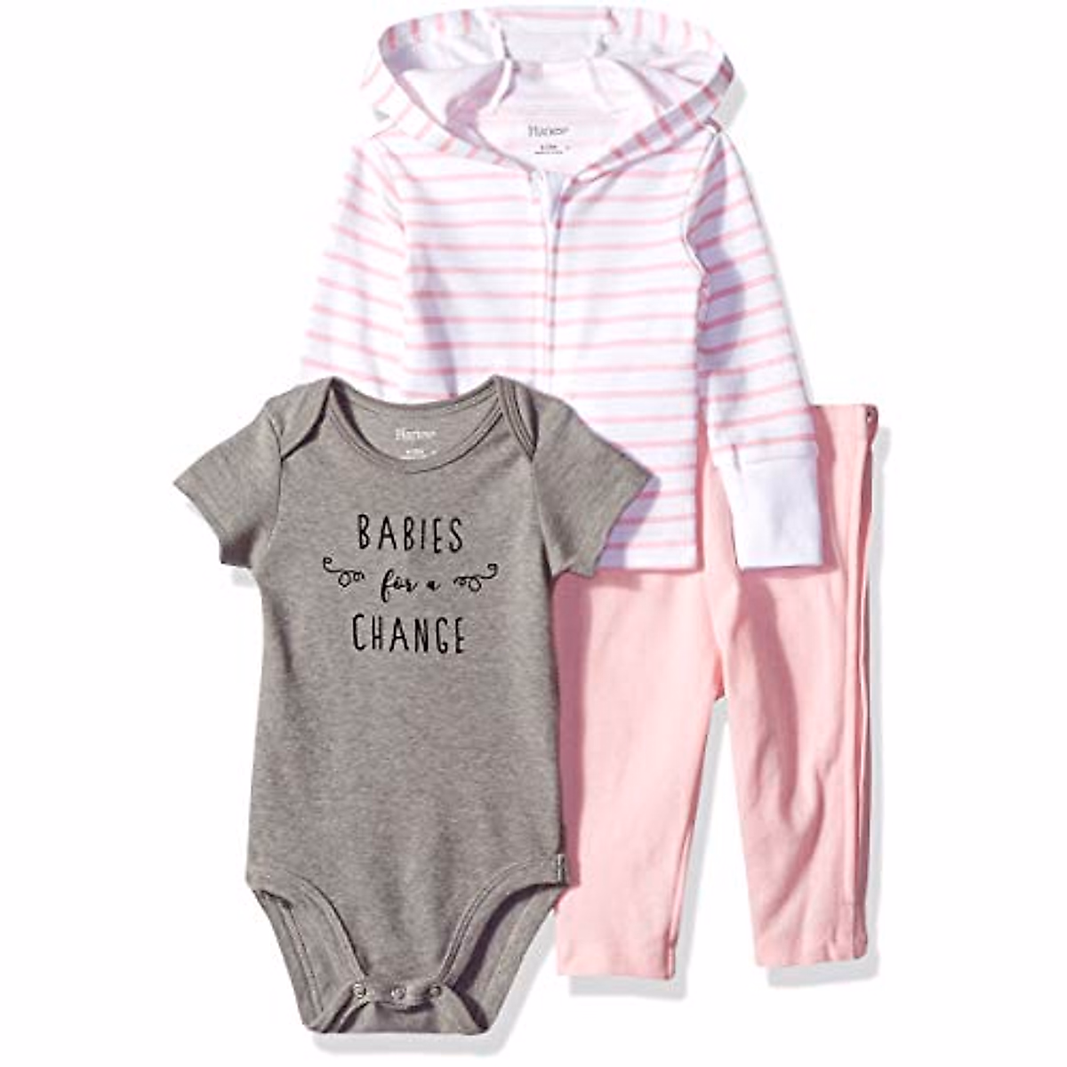 Hanes Ultimate Baby Zippin Pants and Knit Hoodie with Short Sleeve Bodysuit Set, Pink Stripe, 0-6 Months