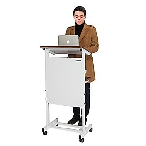 Bonnlo Mobile Stand Up Lectern Podium with Wheels, Portable Heavy Duty Desk, Height Adjustable Church Pulpit or Ceremony, Classroom Lecture Speech Teach Platform, Walnut Tabletop and White Steel Frame
