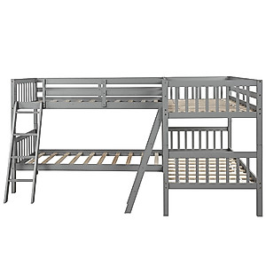 P PURLOVE Twin Over Twin Bunk Bed, L-Shaped Twin Size Bunk Bed Frame Wood Slat Support No Box Spring Needed (Gray)