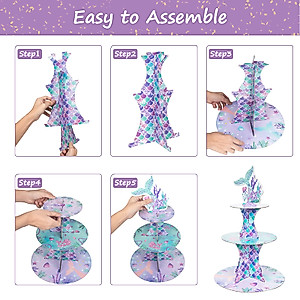 OPUHOHR 3 Tier Mermaid Cupcake Stand,Cupcake Tower with 12pcs Mermaid Theme Cake Topper, Dessert Tower Holder for Mermaid Theme Birthday Decoration Baby Shower Party Supplies