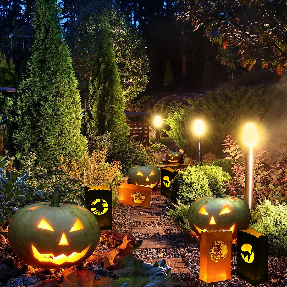 Stmarry 48 pcs Halloween Luminary Bags, Flame Resistant Luminaries, Orange and Black Tea Light Candle Bags - Witch, Black Cat Silhouette Decorations & Party Lanterns