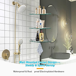 HouseMila Glass Shower Shelves 3 Tier Glass Corner Shelf with 3 Hangers, Corner Shelf for Shower Organizer with Rail Drill Hole Glass Shelves for Bathroom