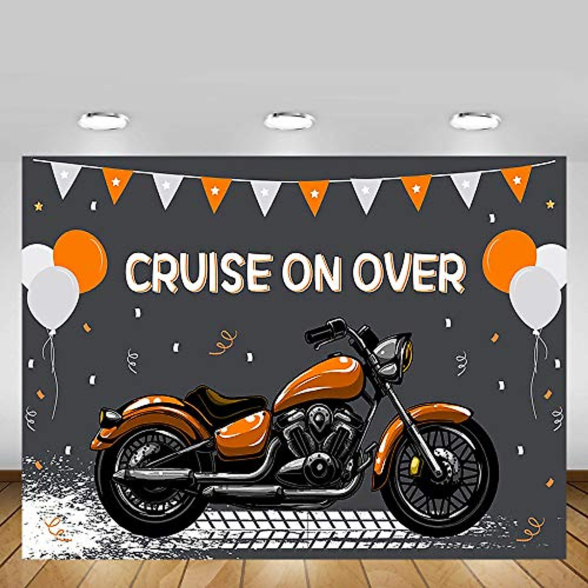 MEHOFOND Motorcycle Boy Birthday Party Backdrop Props Boy Happy 1st Birthday Cruise On Over Ride Photography Orange Silver Balloons Background Photo Banner for Cake Table Supplies 7x5ft