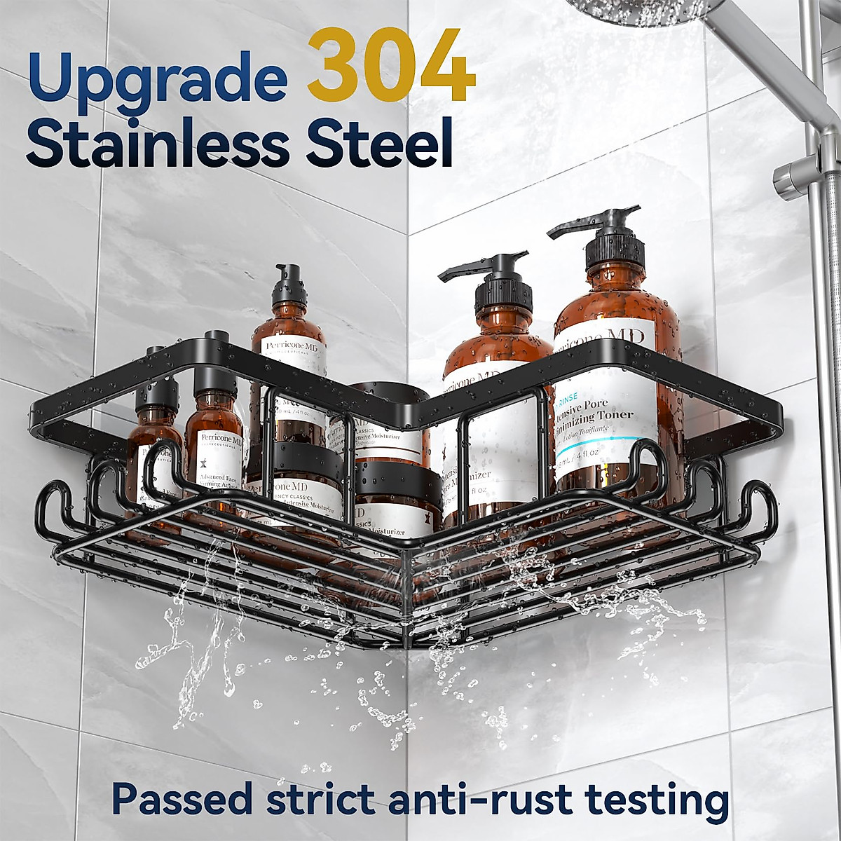 YASONIC Corner Shower Caddy, 3-Pack Adhesive Shower Caddy with Soap Holder and 12 Hooks, Rustproof Stainless Steel Bathroom Shower Organizer, No Drilling Wall Mounted Shower Rack, for Bathroom, Black