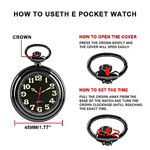 Whodoit Black Shiny Arabic Numeral Men's Quartz Pocket Watch, Pocket Watches Gift Quartz Movement for Men with Chain-Black