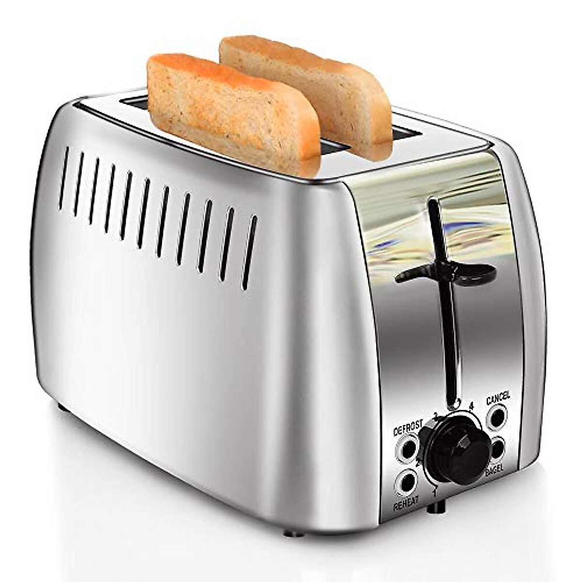 prepAmeal 2 Slice Toaster Stainless Steel Toaster Two Slice Bagel Toaster Small Bake Toaster with 6 Browning Setting, Reheat, Defrost, Bagel, Cancel Function, Extra Wide Slots (Silver - 2 Slice)