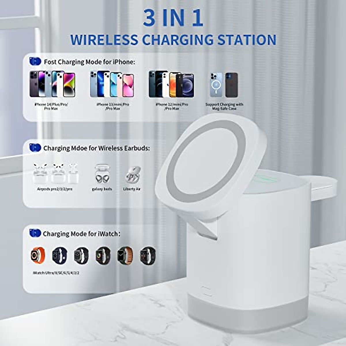 3 in 1 Magnetic Wireless Charger, Mag-Safe Charger 18W Fast Charging for iPhone 14/13/12 Pro Max/Pro/Mini, Wireless Charging Station for AirPods Pro 2/Pro/3/2, iWatch Ultra/8/7/SE (with QC3.0 Adapter)
